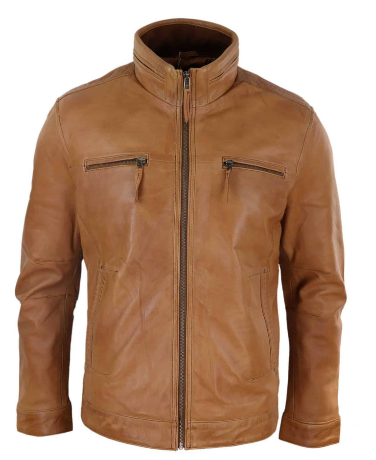 Real Leather Mens High Collar Jacket - Tan: Buy Online - Happy Gentleman