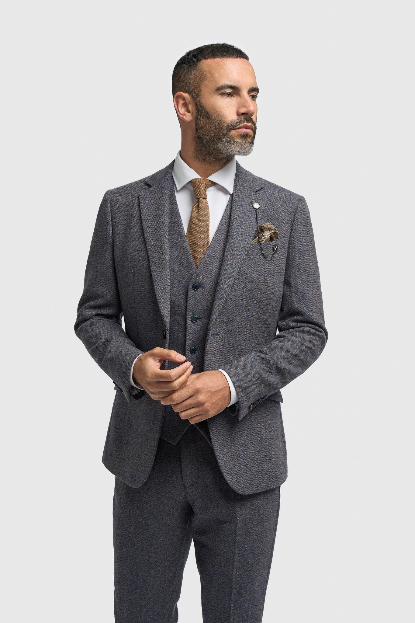 Thomas - Men’s Navy 3 Piece Wool Blend Tweed Suit - Buy Online at Happy ...