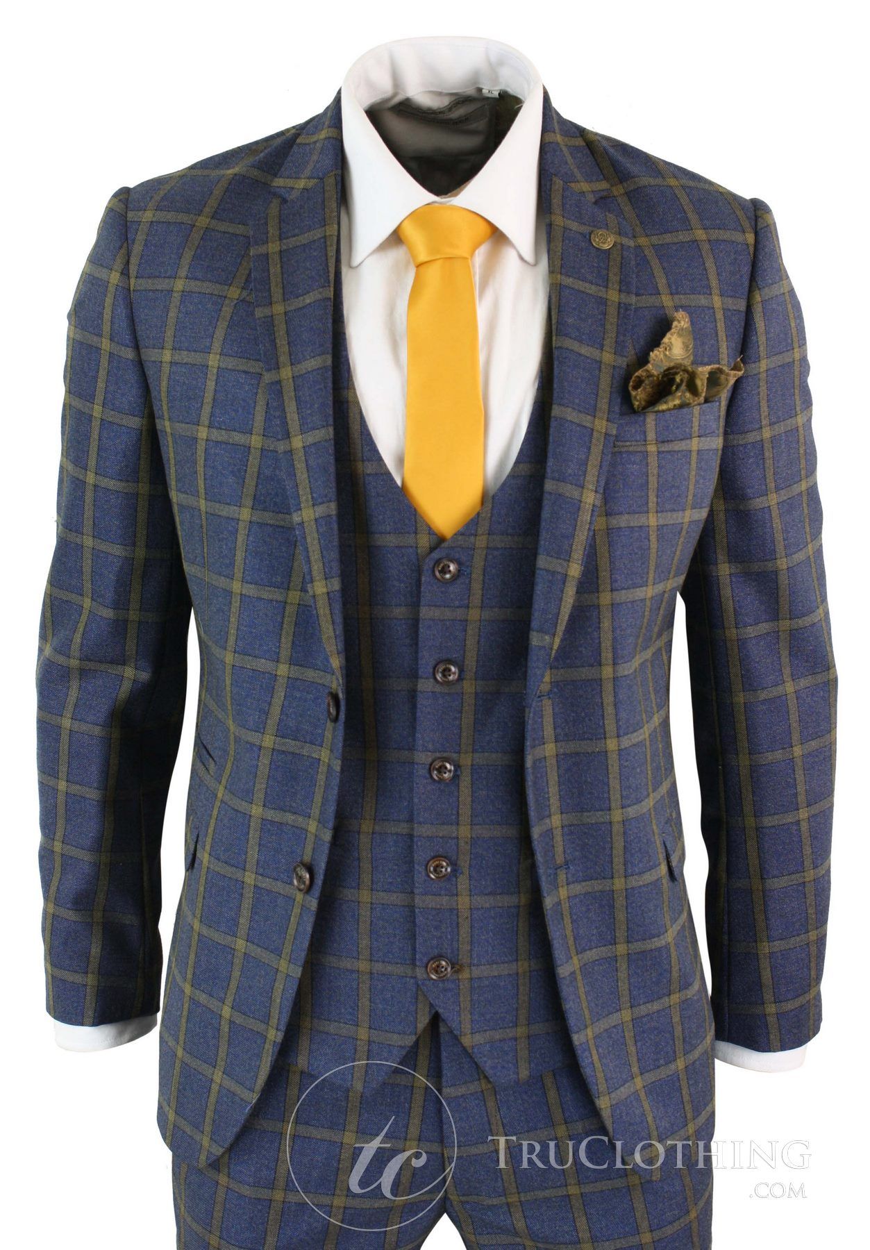 Marc Darcy SBC Roman - Mens 3 Piece Blue Gold Slim Fit Prince Of Wales ...