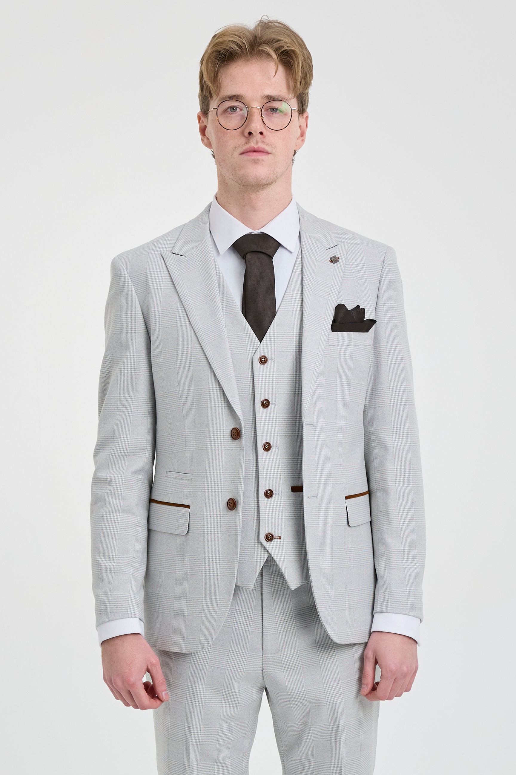 Mark Men's Grey Stone 3-Piece Tweed Check Suit with Brown Trim for ...