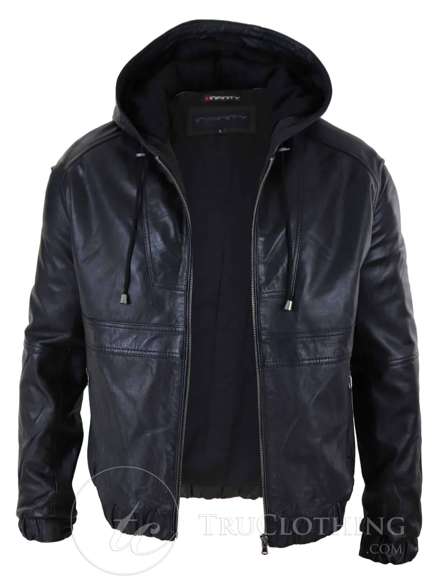 Mens Real Leather Bomber Hood Jacket - Black: Buy Online - Happy Gentleman