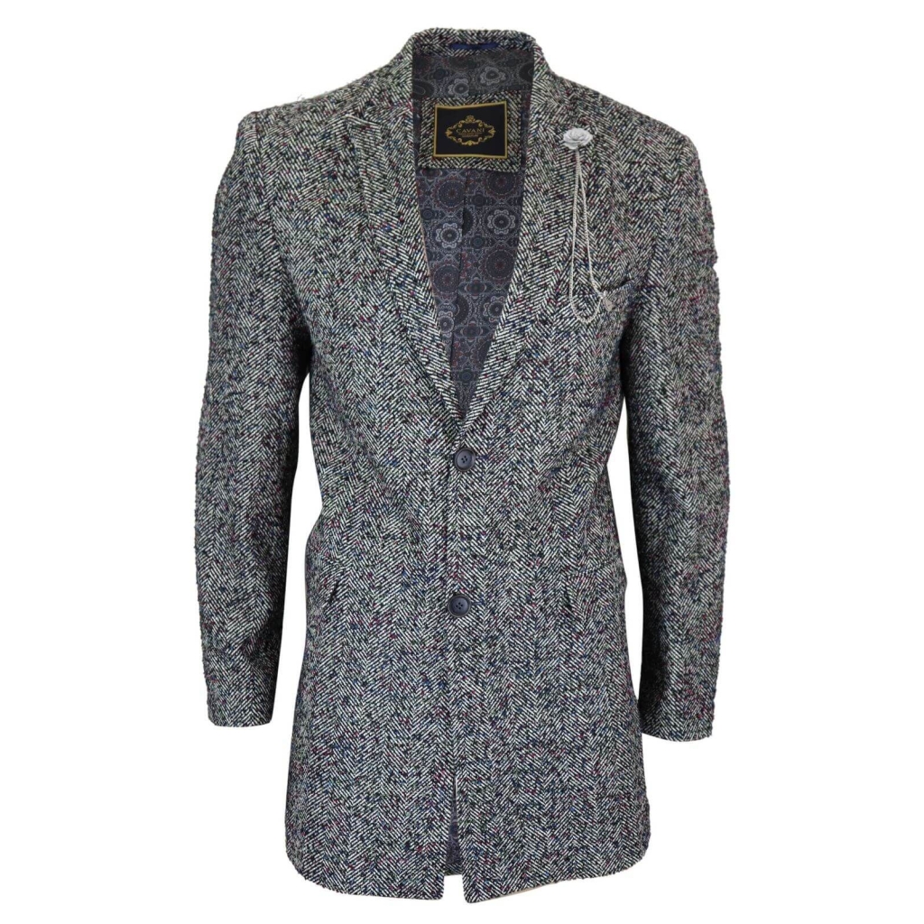 Cavani Oliver Mens Grey Herringbone Tweed Crombi Overcoat Happy